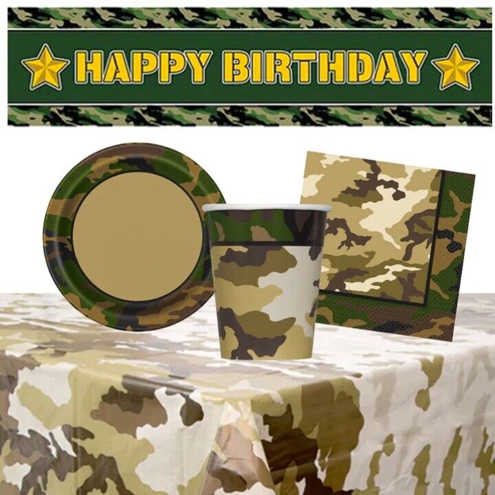 ARMY CAMOUFLAGE BIRTHDAY PARTY DECOR MILITARY Banner Plates Napkin Cups ...