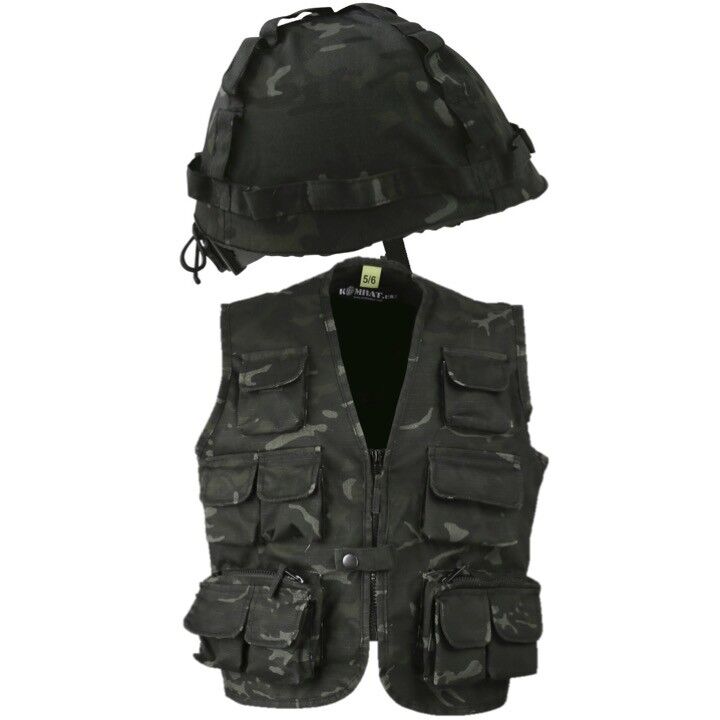 BOYS ARMY COSTUME TACTICAL VEST & HELMET OUTFIT KIDS 3-13 YRS SAS BLACK ...